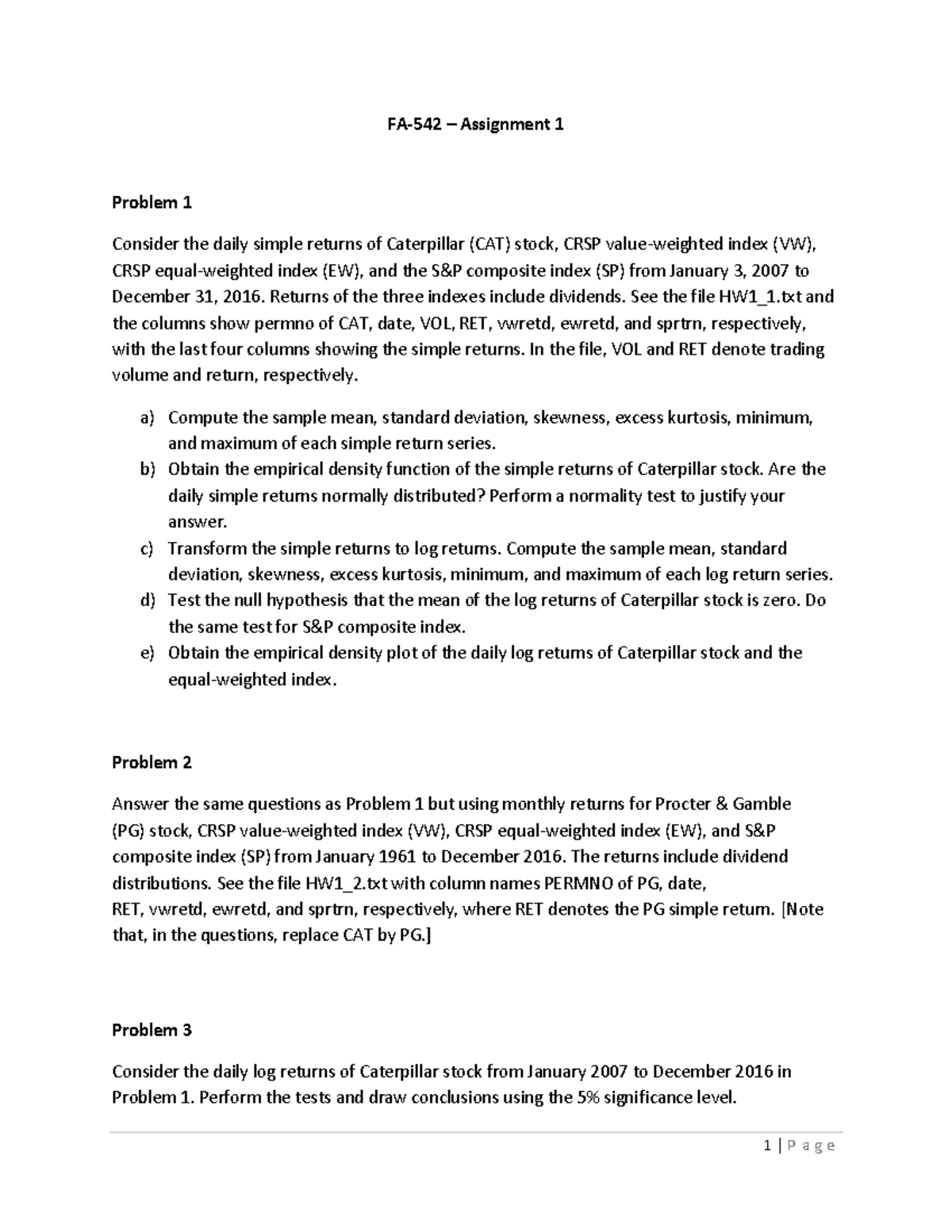 FA-542-HW1 F23 - asdfghjklzxcvbnm - 1 | P a g e FA- 542 – Assignment 1 Problem 1 Consider the ...