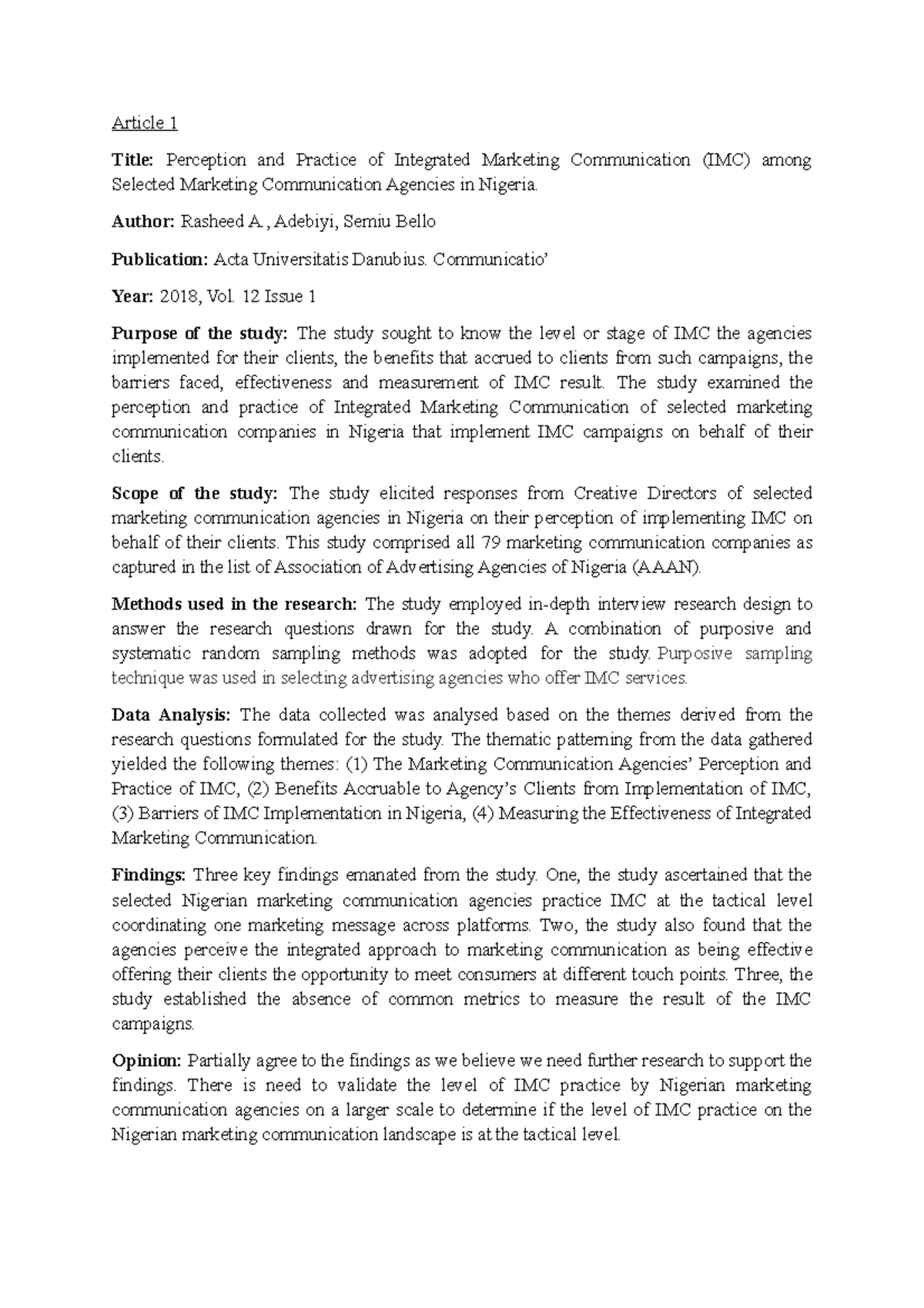 IMC Assignment 1 - Journal review - Article 1 Title: Perception and ...