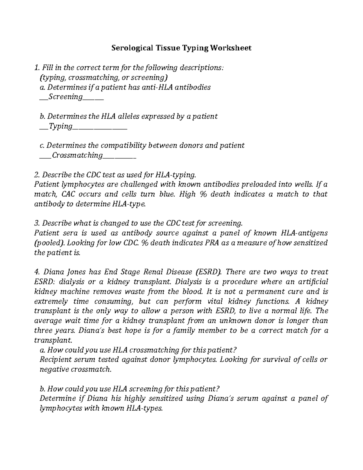 Serological Tissue Typing Worksheet Key - Serological Tissue Typing ...