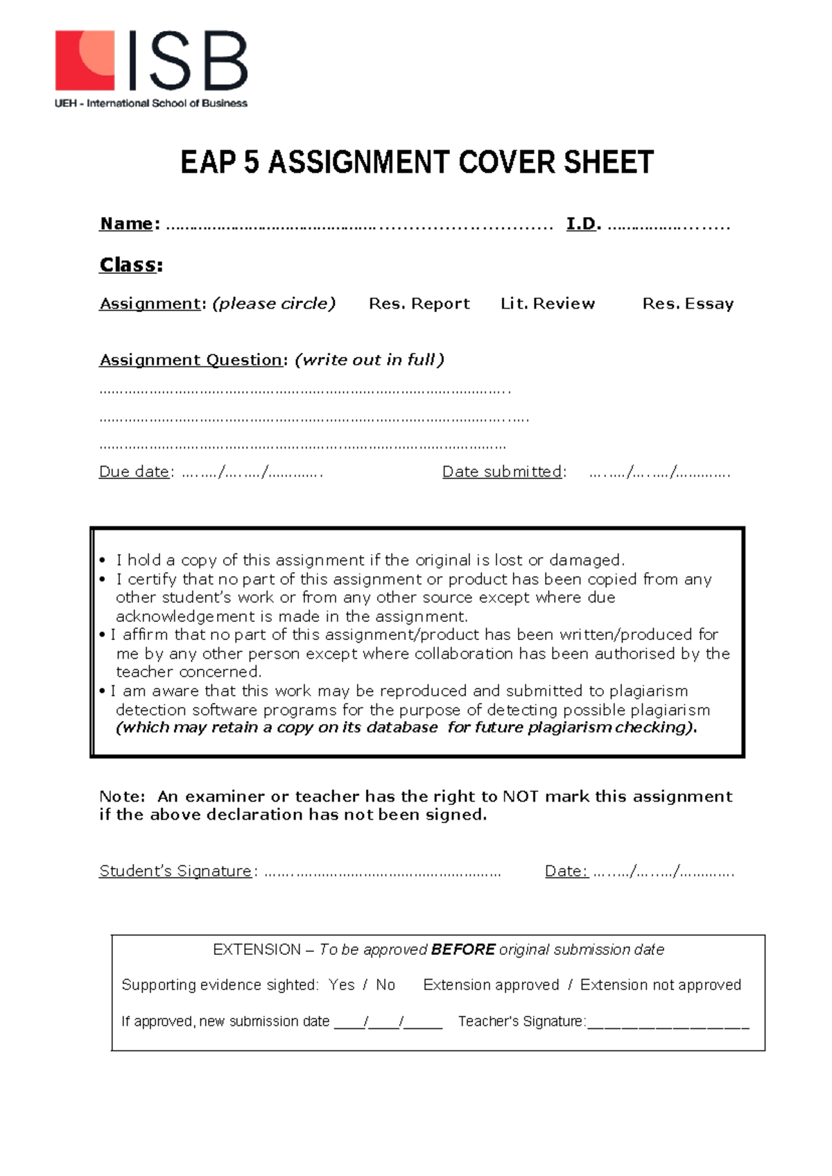 EAP5 Assignment cover sheet with ISB logo 09 - EAP 5 ASSIGNMENT COVER SHEET Name: - Studocu