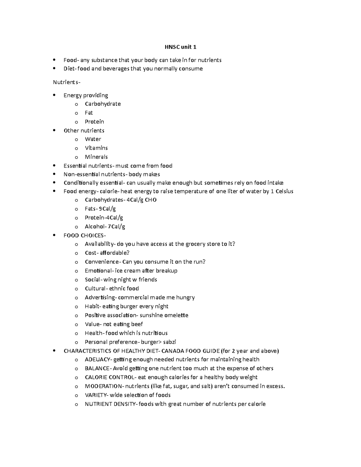 HNSC unit 1 - Notes of Unit 1 - HNSC unit 1 Food- any substance that ...