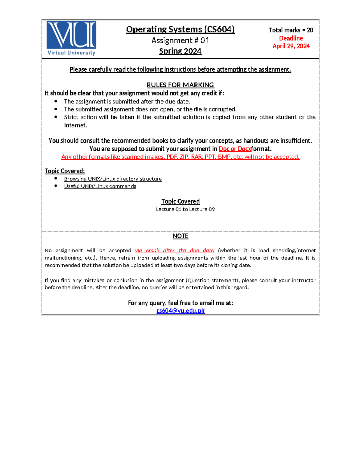 Assignment Solution - Operating Systems (CS604) Assignment # 01 Spring 2024 Total marks = 20 ...