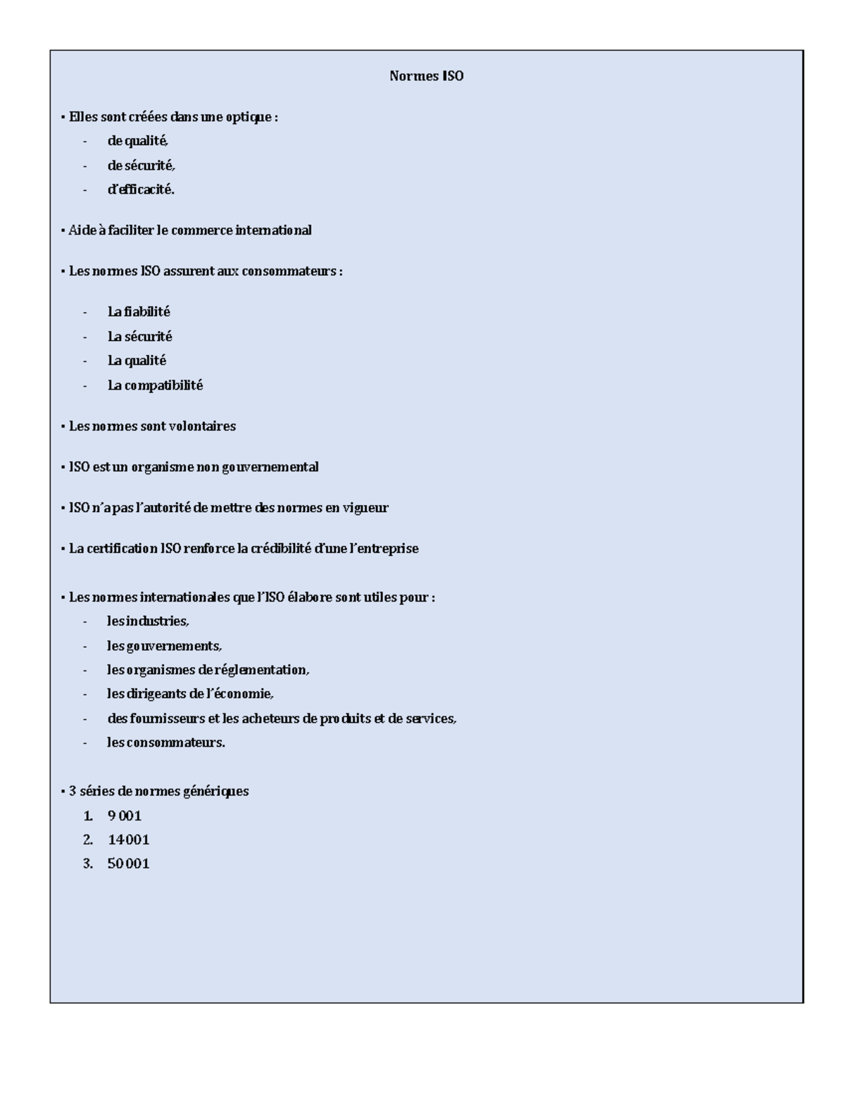 Normes ISO - Résumé (BCM-2101) - Normes ISO Elles sont créées dans une ...