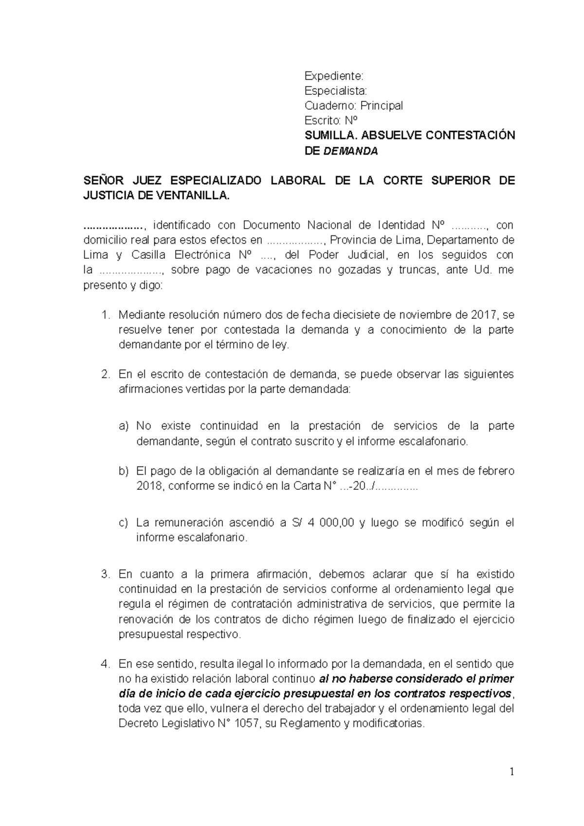 Escrito absolucion contestacion demanda 1 2023 - Expediente ...