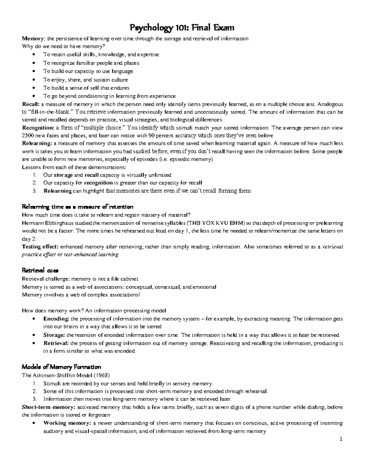 Introduction to Psychology - Summary Final Exam 14/15 - Psychology 10 1 ...