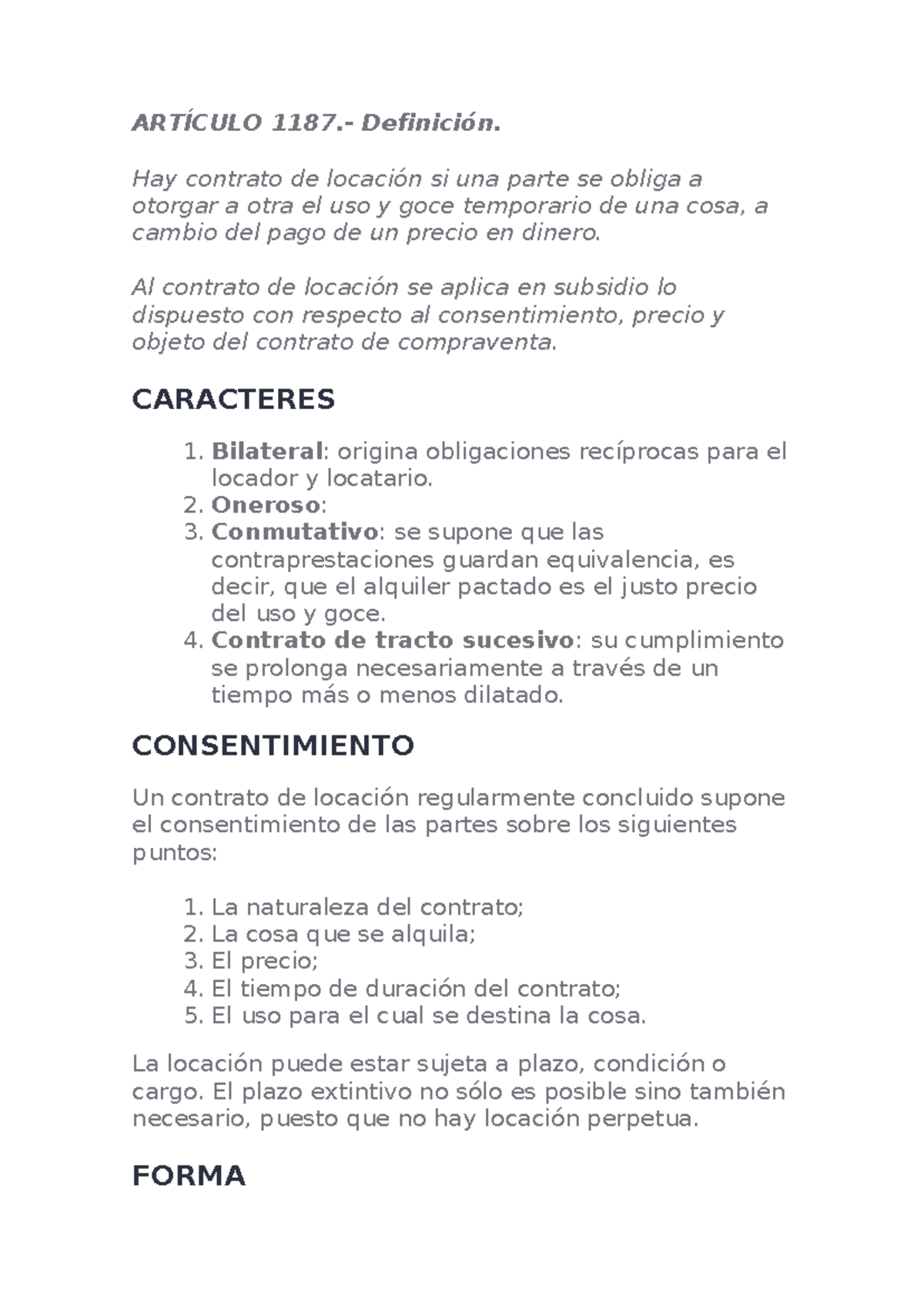 Resumen sobre El Contrato de Locación y sus artículos - ARTÍCULO 1187 ...