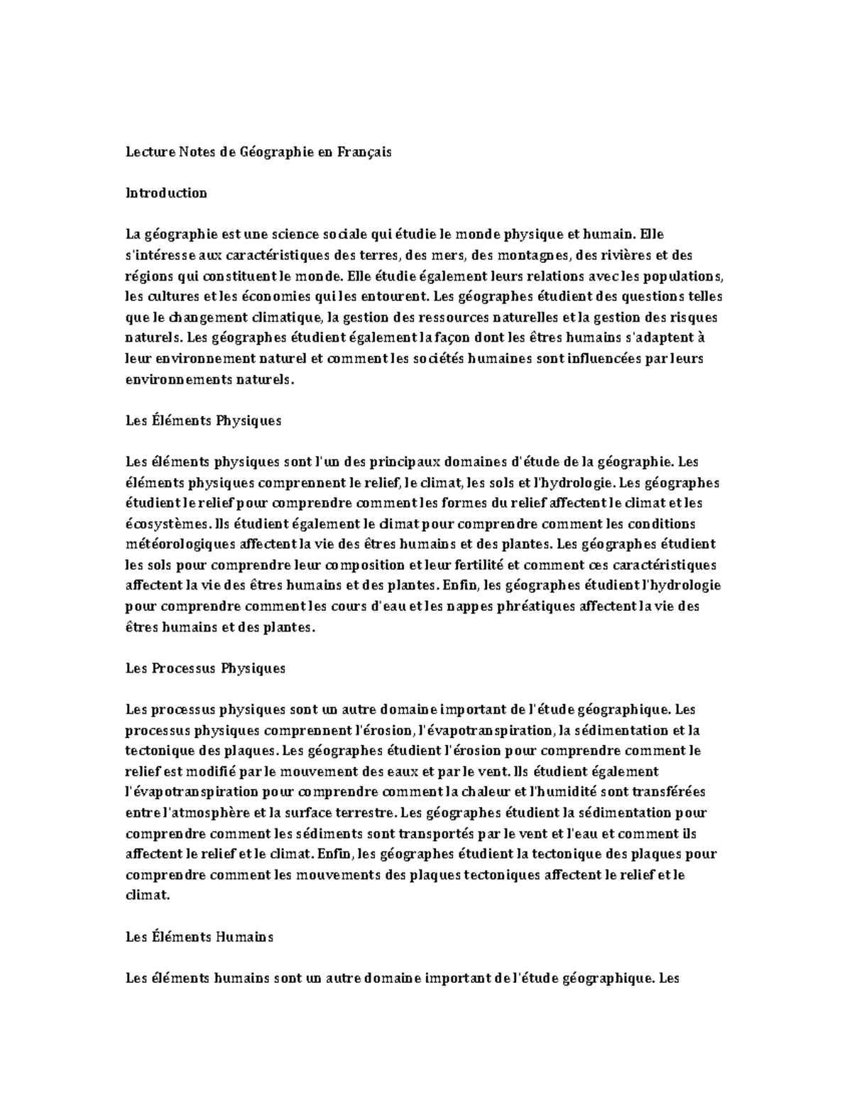Human Geography - Lecture Notes de Géographie en Français Introduction ...
