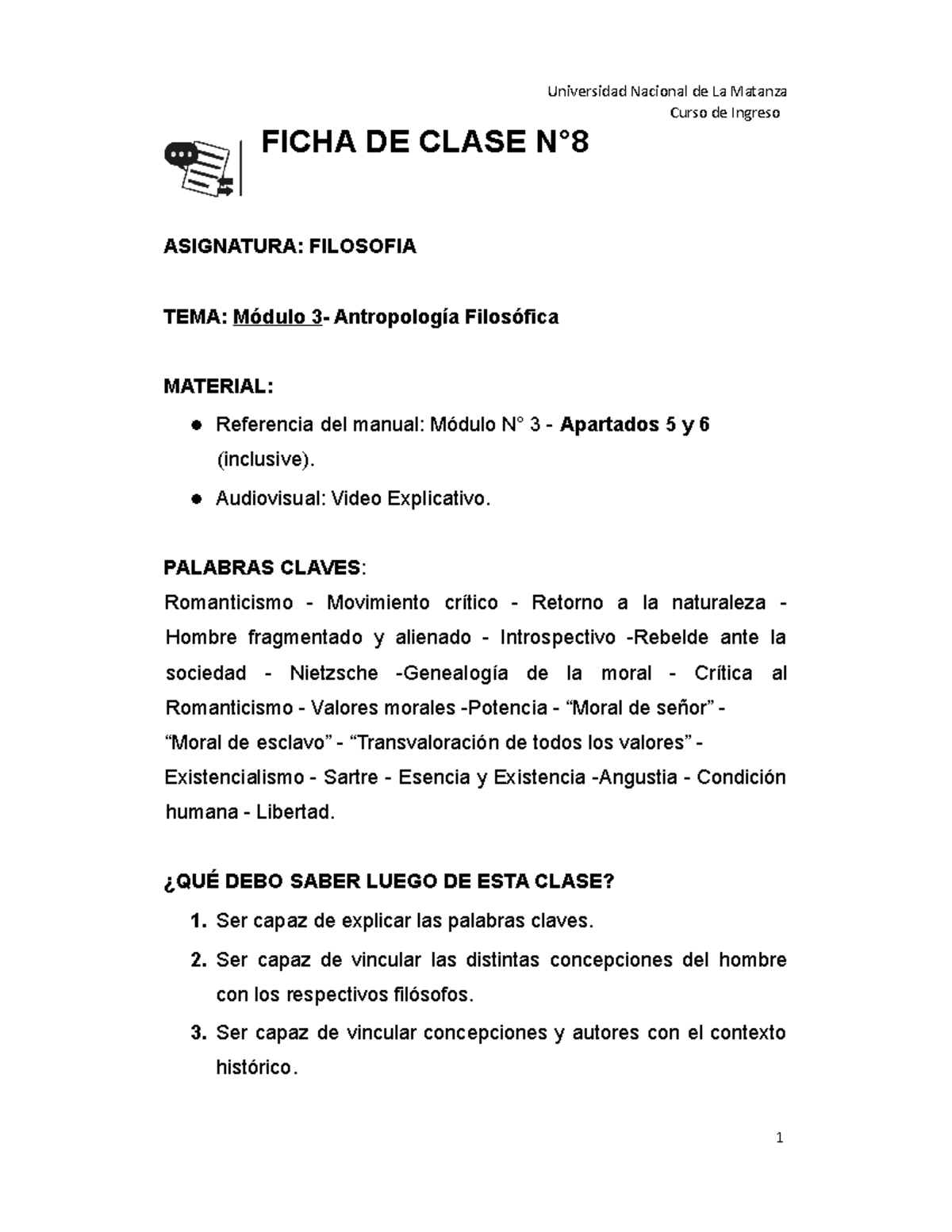 1 Ficha DE Clase N 8 Modulo 3 - Universidad Nacional de La Matanza Curso de Ingreso FICHA DE ...