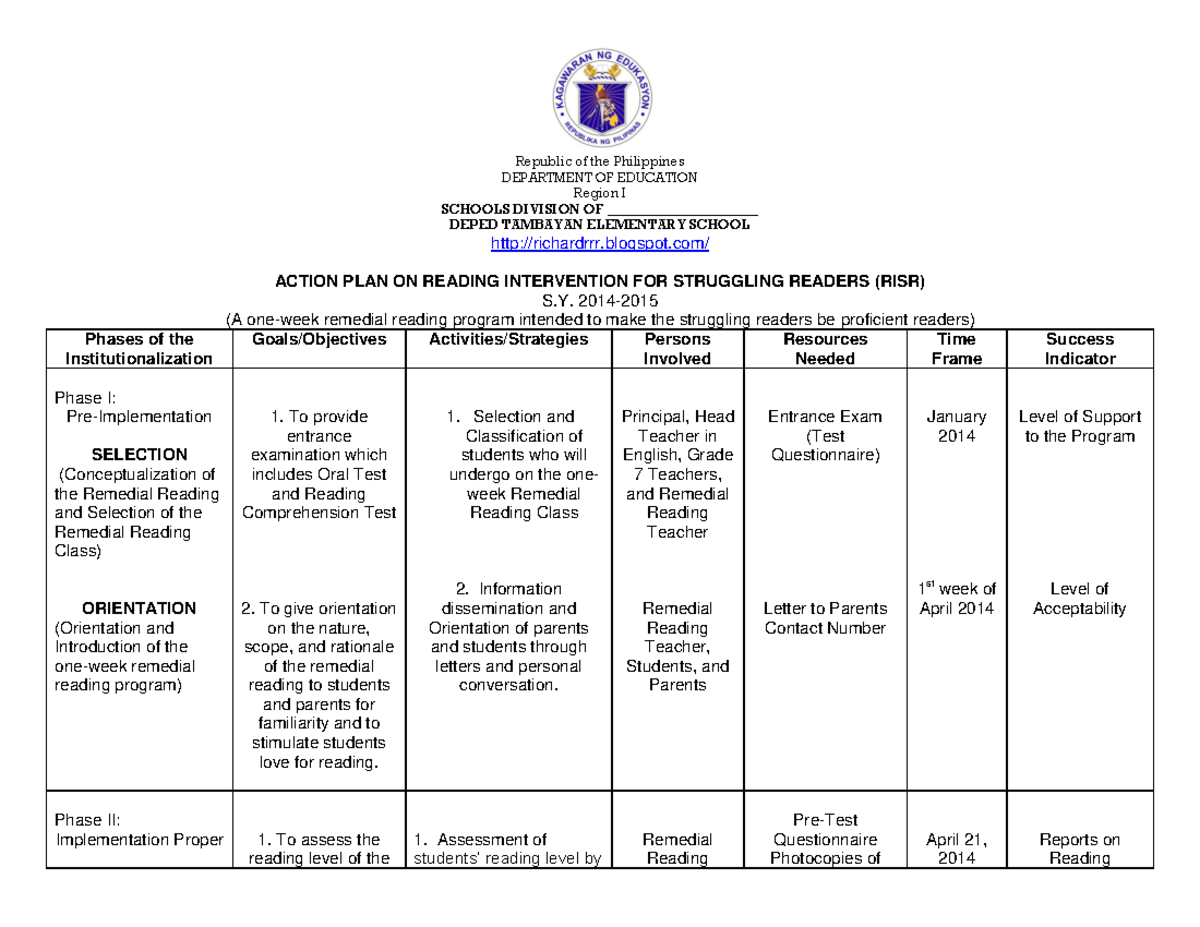 Action plan reading - Republic of the Philippines DEPARTMENT OF ...