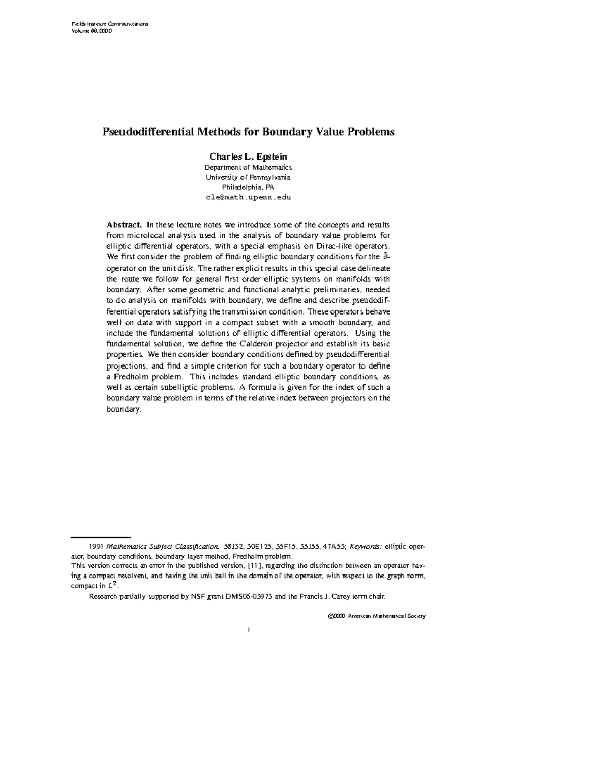 Pseudodifferential methods for boundary value problems - Fields Institute Communications Volume ...