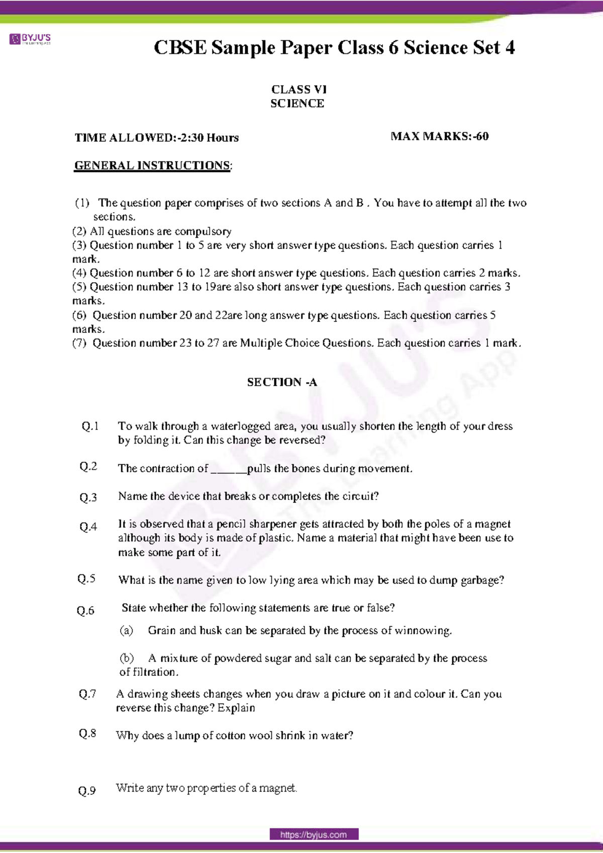 CBSE Sample Paper Class 6 Science Set 4 - CLASS VI SCIENCE TIME ALLOWED ...