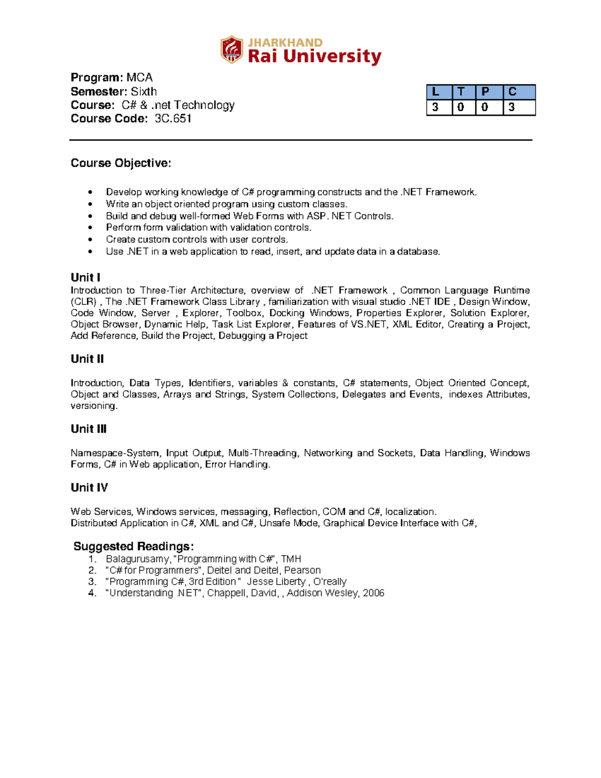 6th sem - Program: MCA Semester: Sixth Course: C# & .net Technology Course Code: 3C. Course ...