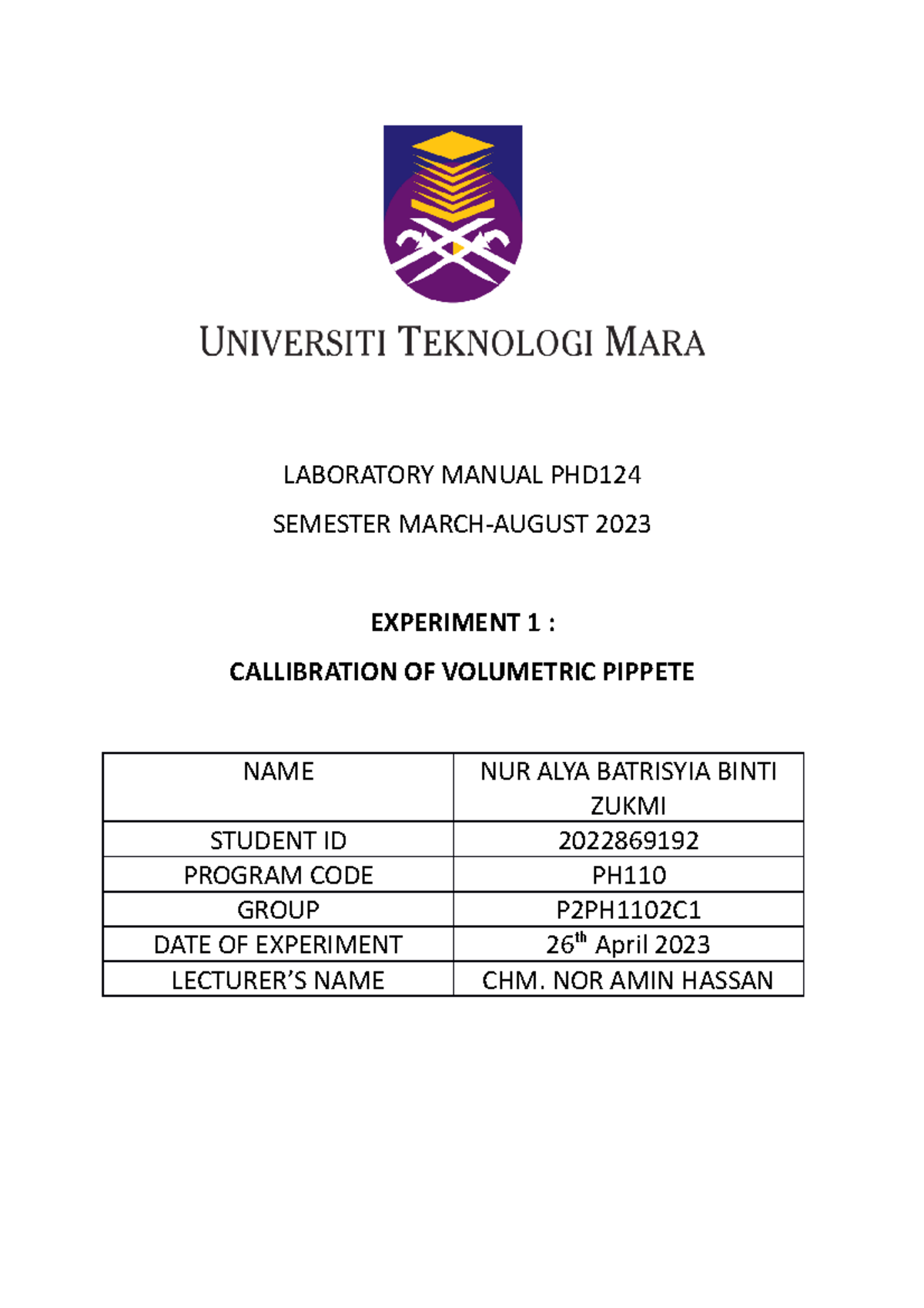 LAB Report 1 PHD124 - LABORATORY MANUAL PHD SEMESTER MARCH-AUGUST 2023 ...