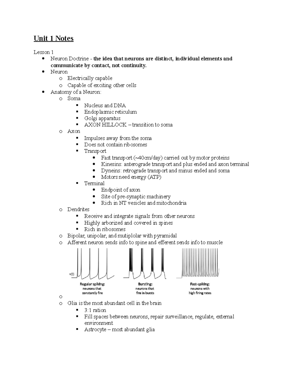 Unit 1 Notes - Unit 1 Notes Lesson 1 Neuron Doctrine - the idea that ...