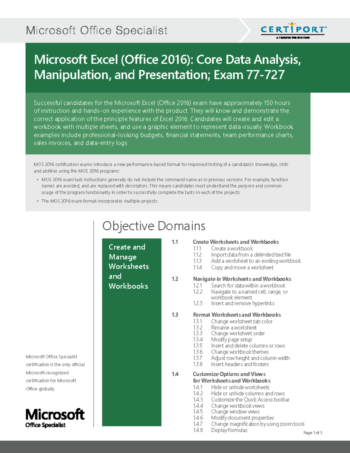 MOS Excel 2016 Exam Objectives - Page 1 of 3 Microsoft Excel (Office ...