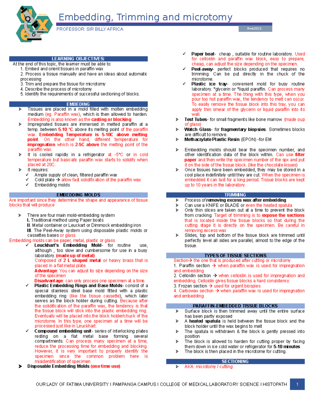 Embedding Trimming and microtomy - LEARNING OBJECTIVES: At the end of ...