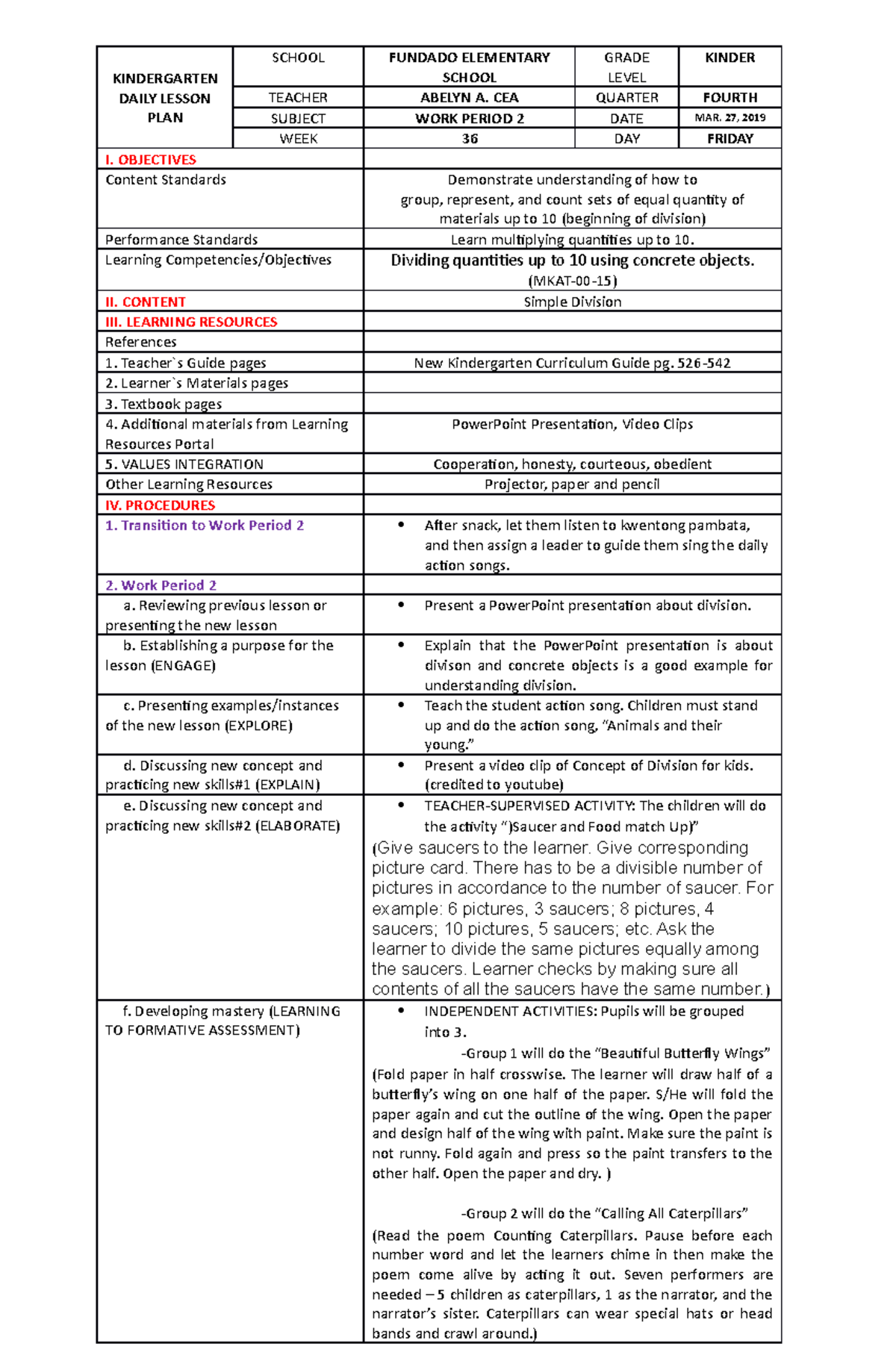 Daily Lesson PLAN FOR Observation WEEK 34 - KINDERGARTEN DAILY LESSON ...