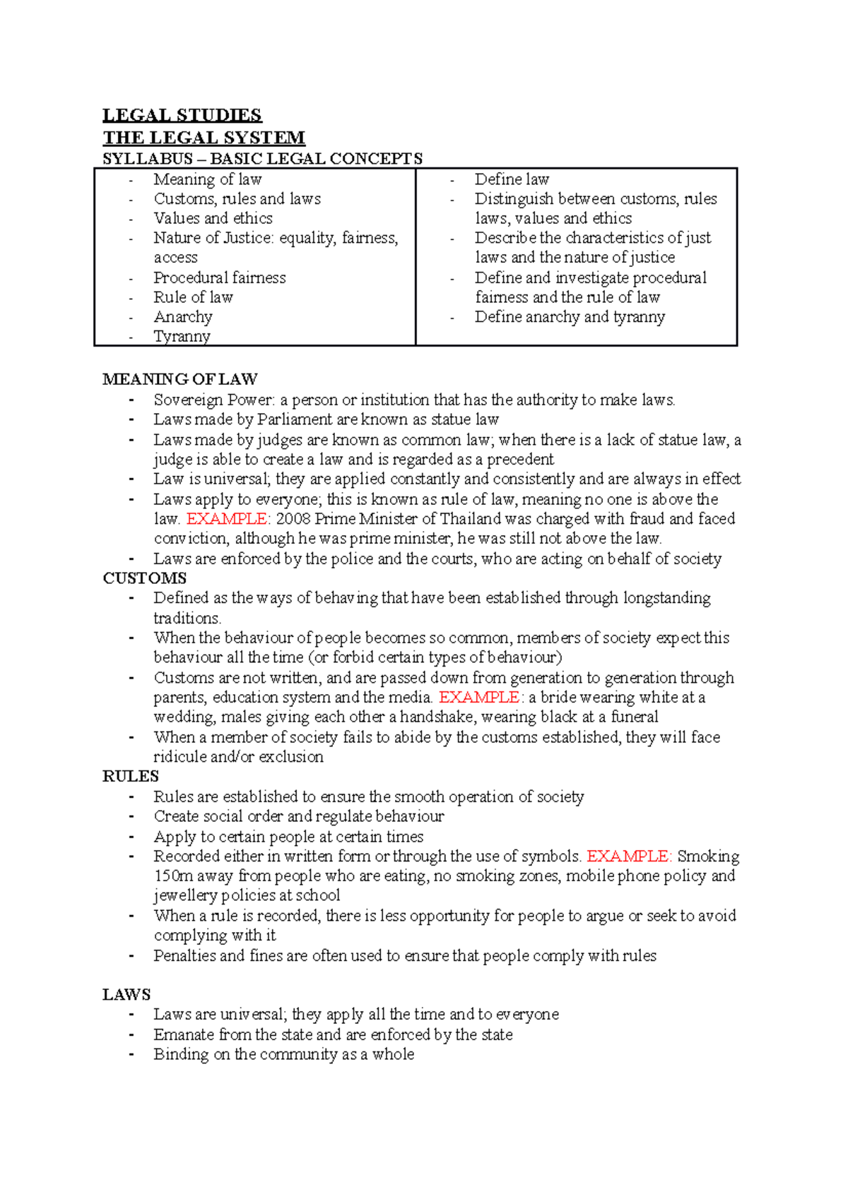 Legal Studies Notes - LEGAL STUDIES THE LEGAL SYSTEM SYLLABUS – BASIC ...