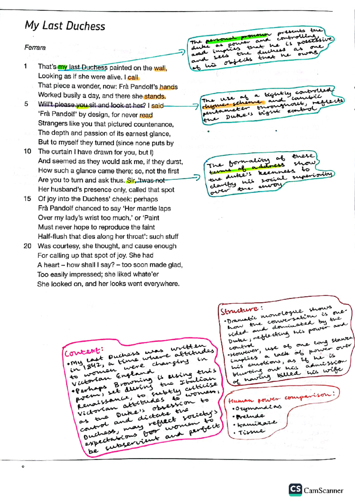 My Last Duchess Notes & Quotes - CamScanner - Studocu