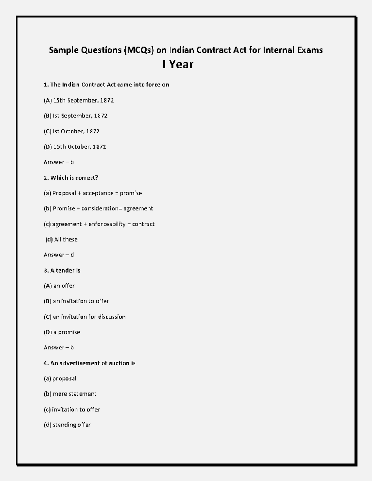 Contracts - CONTRACT NOTES - Sample Questions (MCQs) on Indian Contract ...