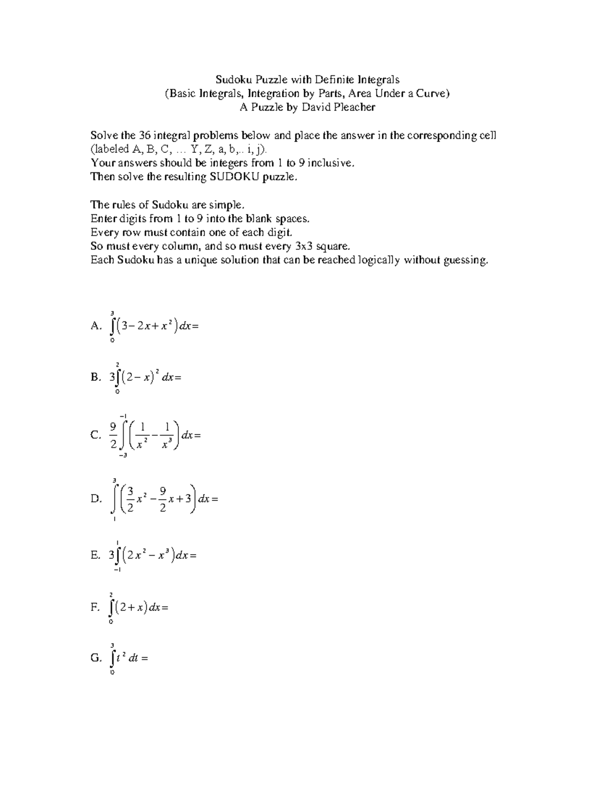 Calculus Sudoku - Sudoku Puzzle with Definite Integrals (Basic ...