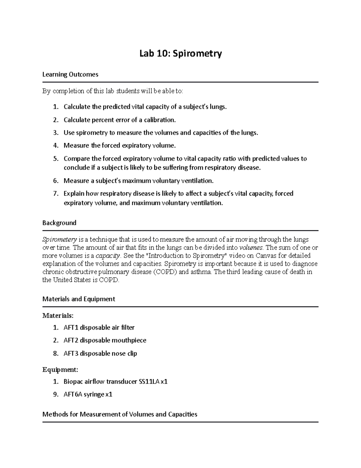 BIO 235L Lab 10 - Lab 10: Spirometry Learning Outcomes By completion of this lab students will ...