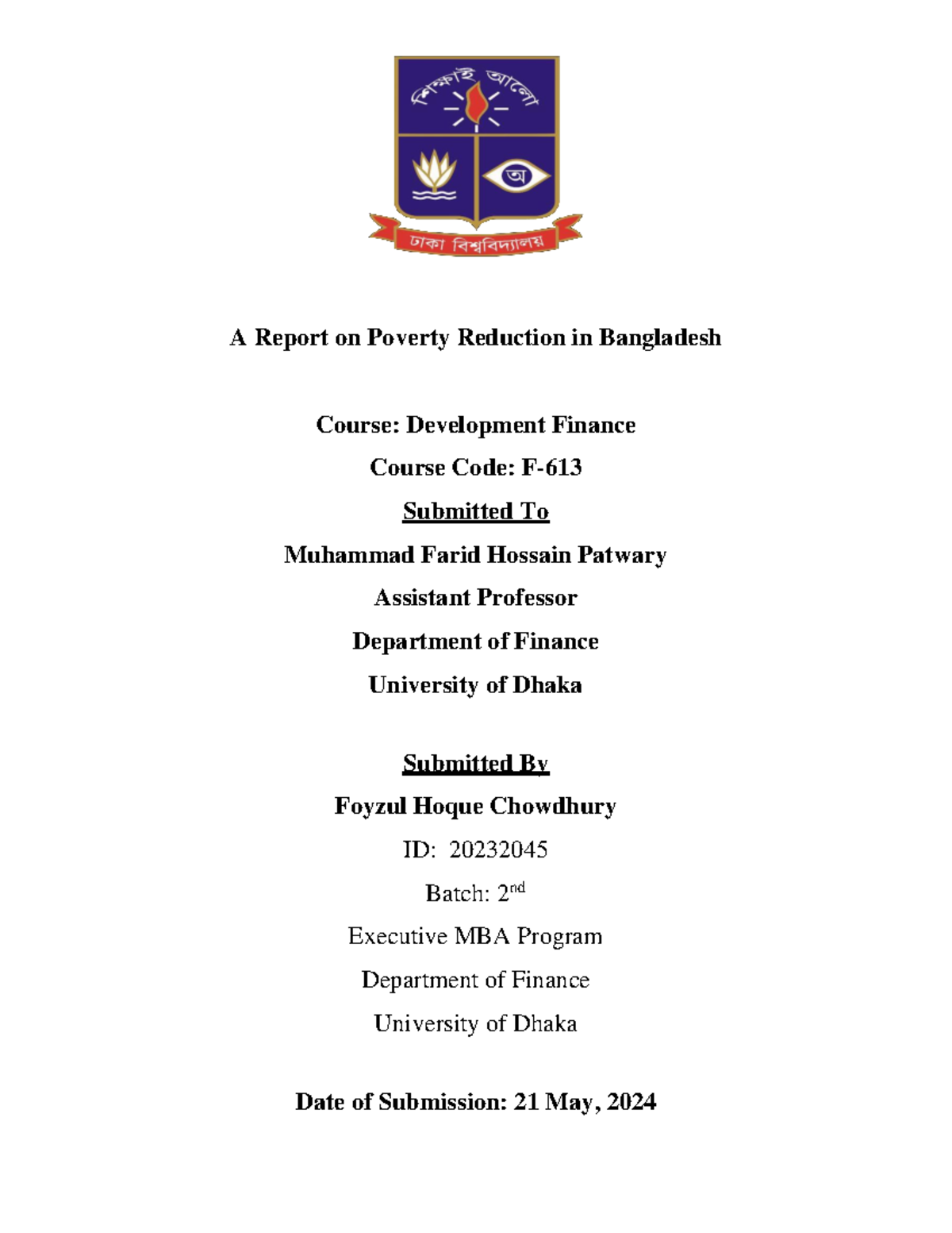 DF Term Paper, ID-20232045 - A Report on Poverty Reduction in ...