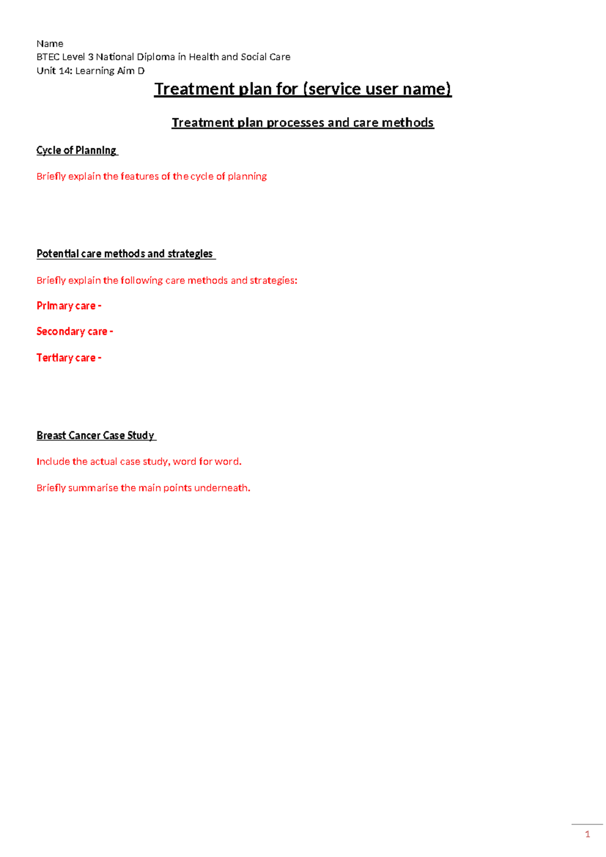 LAD-Template unit 14 aim d - BTEC Level 3 National Diploma in Health ...