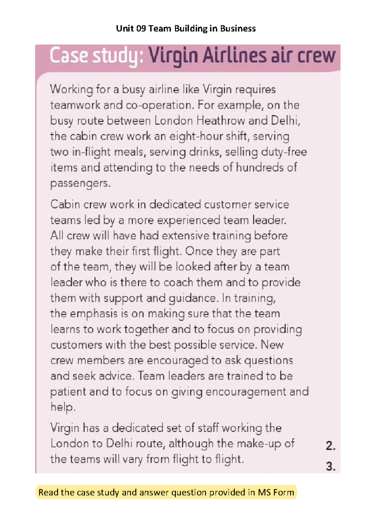 Virgin Air Line Case Study - Unit 09 Team Building in Business Read the case study and answer ...