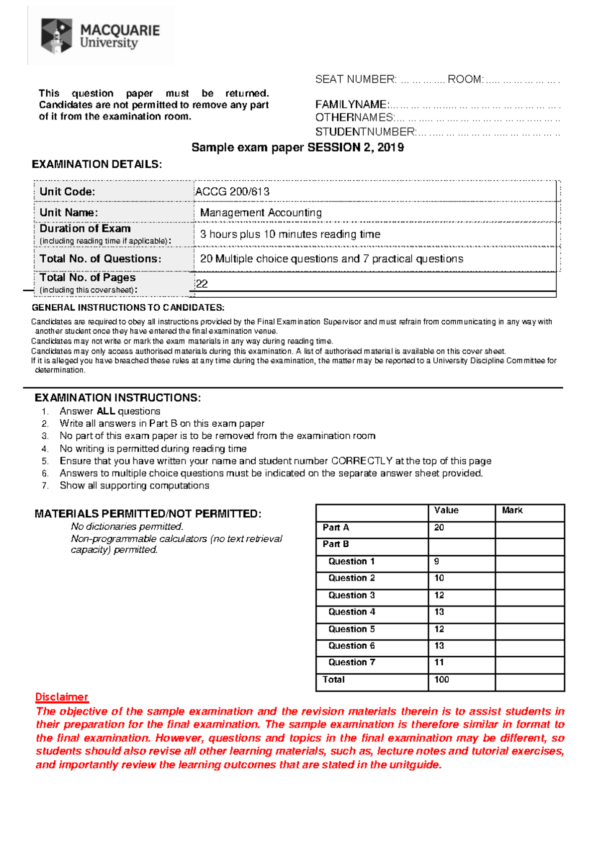 Sample Final exam paper 2019 - This question paper must be returned ...