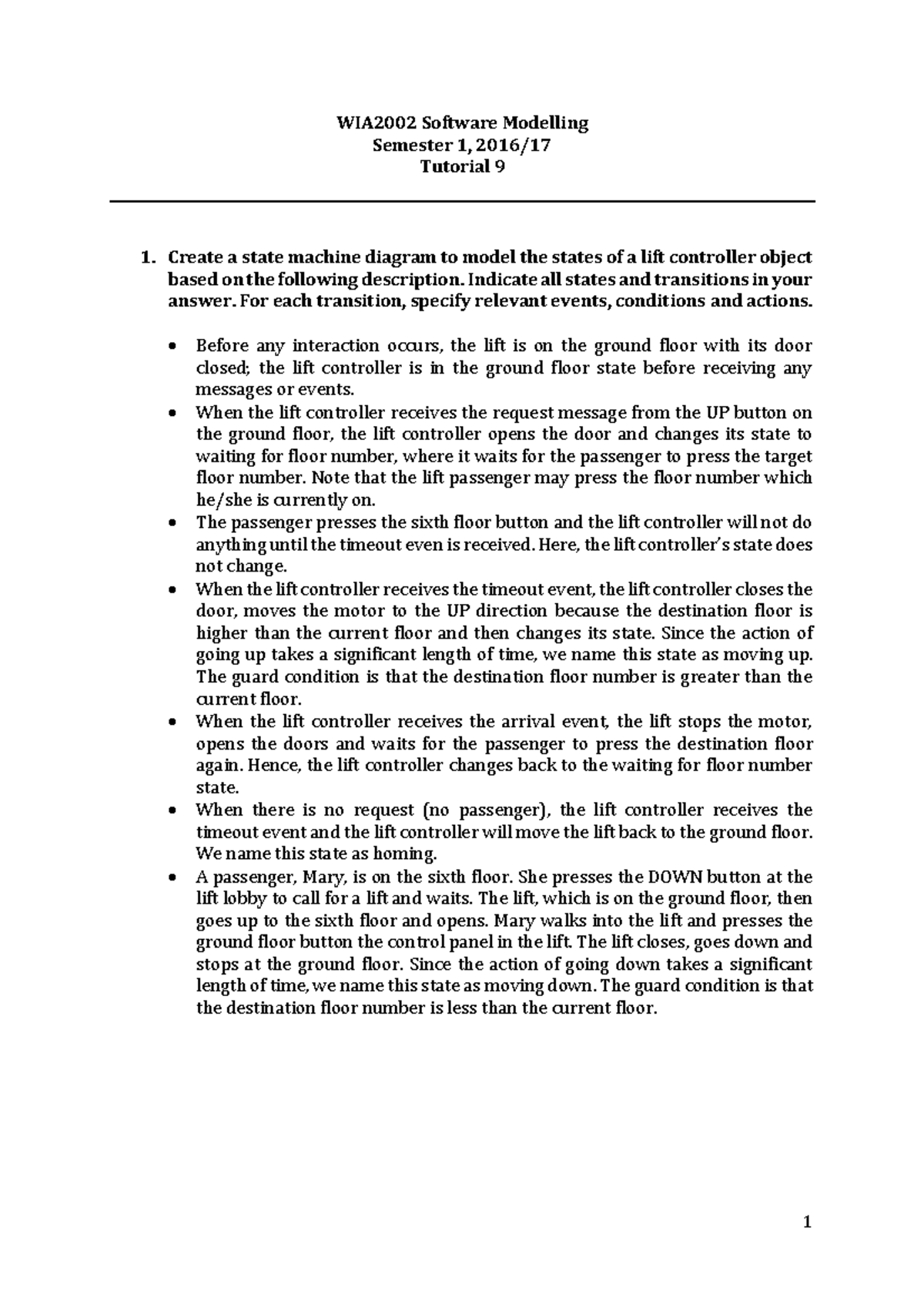 T-2002-09- Tutorial 9 - State Machine Diagram - WIA2002 Software Modelling Semester 1, 2016/17 ...
