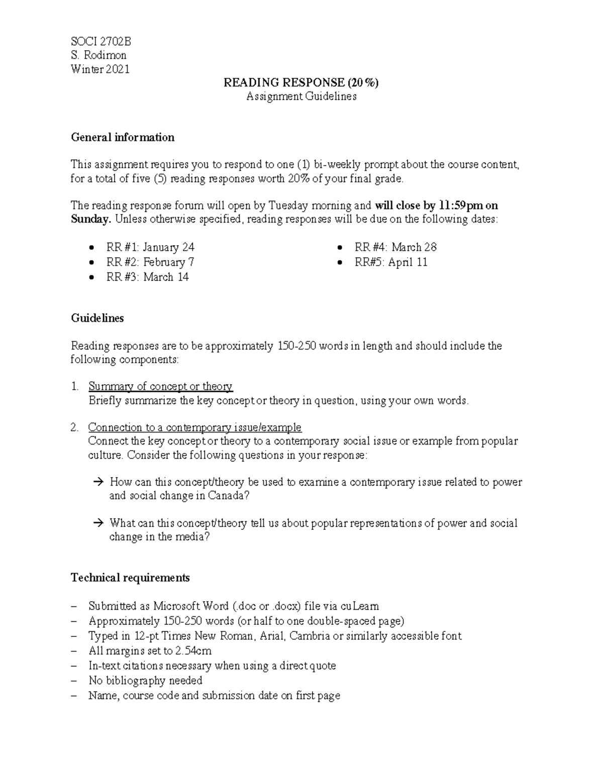 Reading Response - Assignment Guidelines - SOCI 2702B S. Rodimon Winter ...