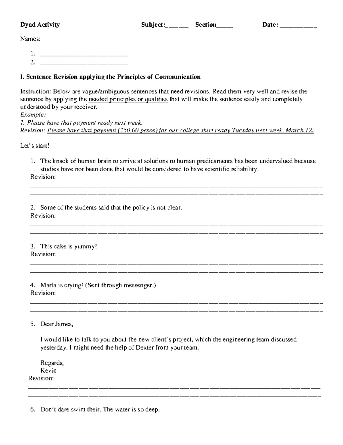 Dyad-Activity Principles - Dyad Activity Subject:_______ Section ...