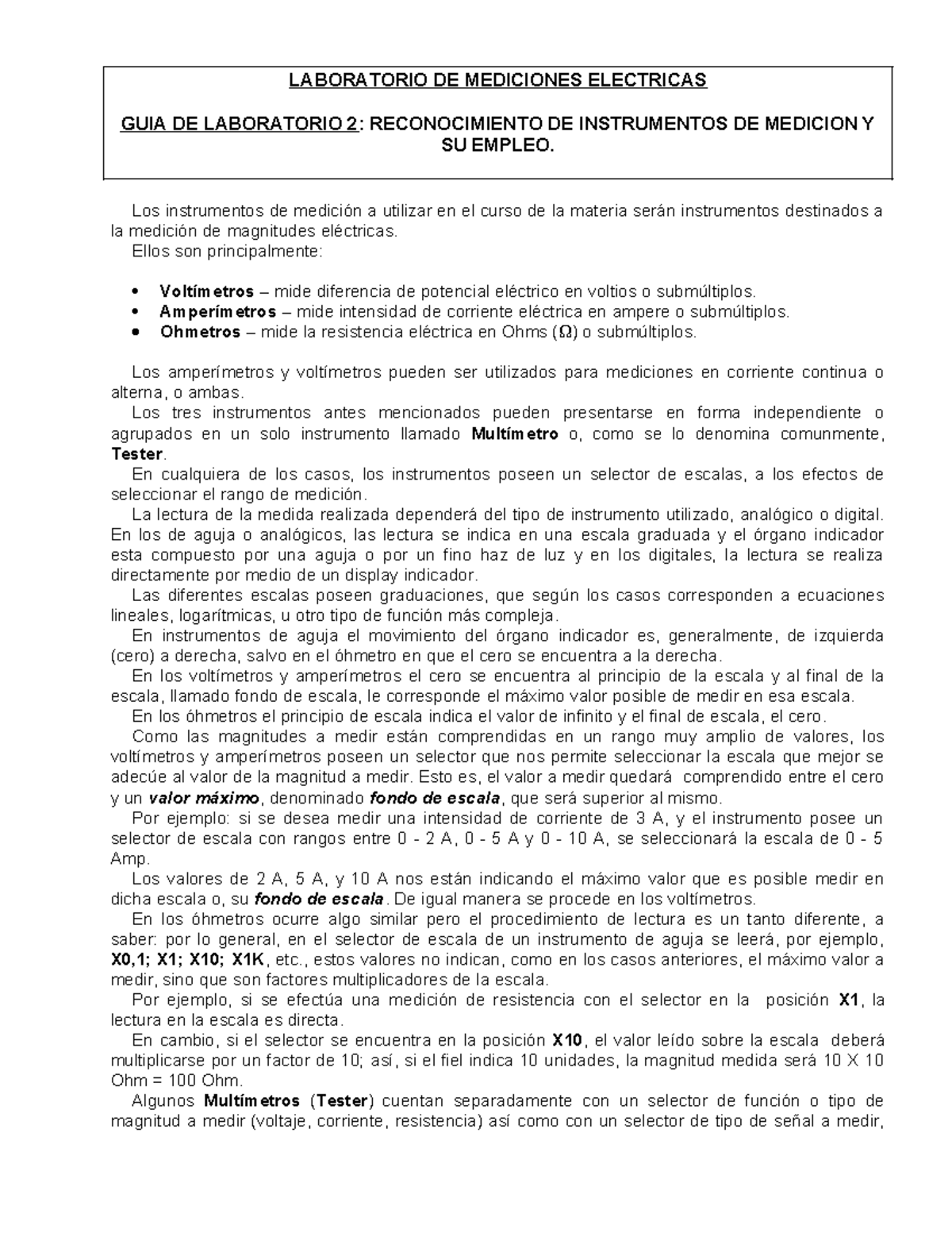 L1 INST - LABORATORIO DE MEDICIONES ELECTRICAS GUIA DE LABORATORIO 2: RECONOCIMIENTO DE ...