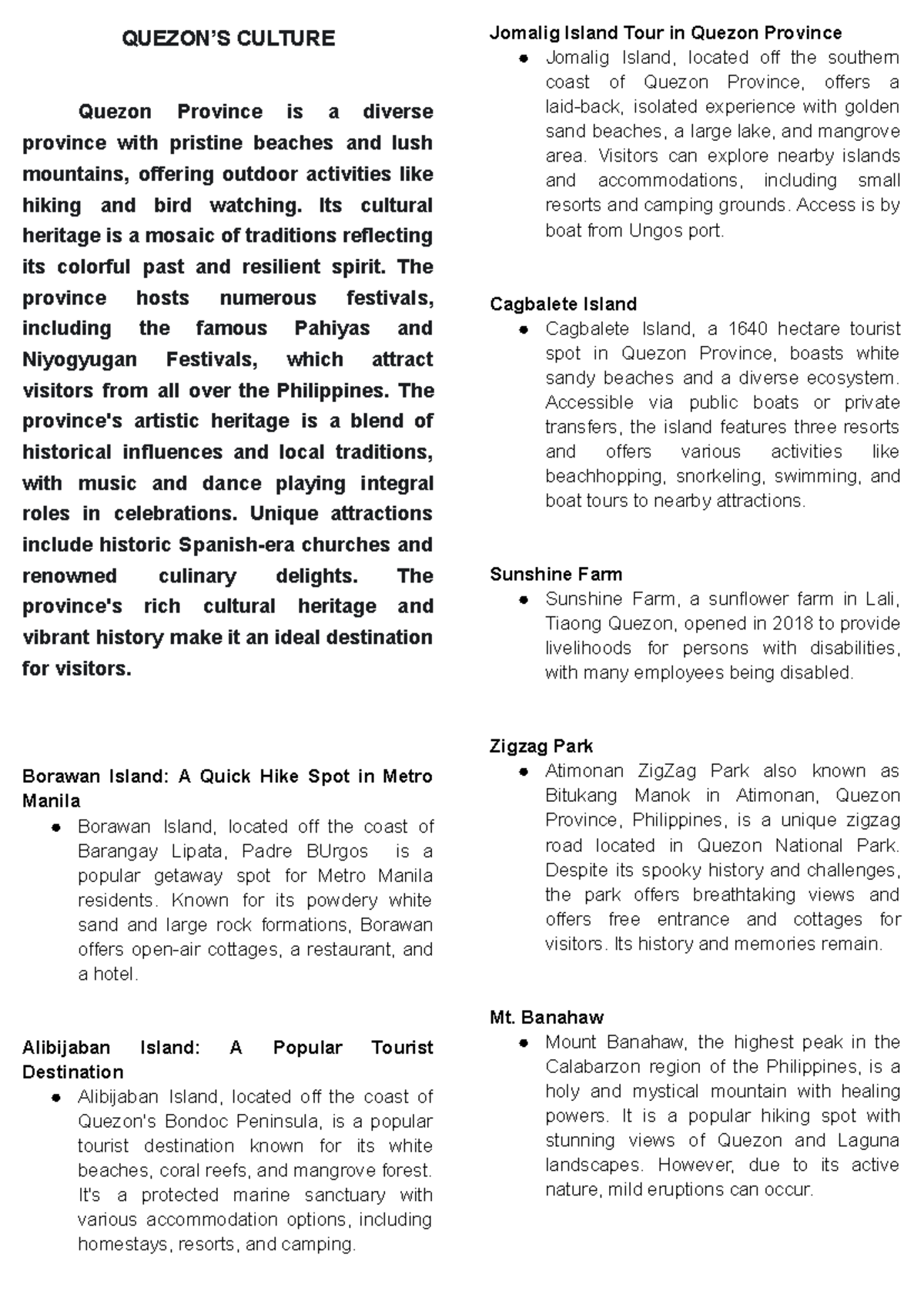 Quezon’S Culture - QUEZON’S CULTURE Quezon Province is a diverse ...