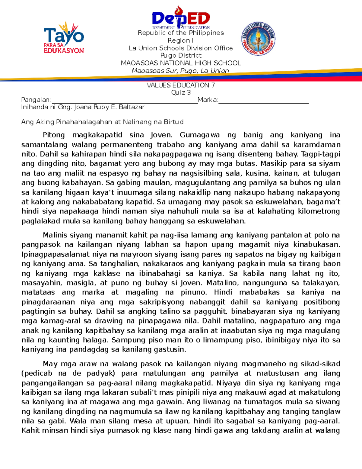 VE Quiz 3 - values ed exam - A Republic of the Philippines Region I La ...