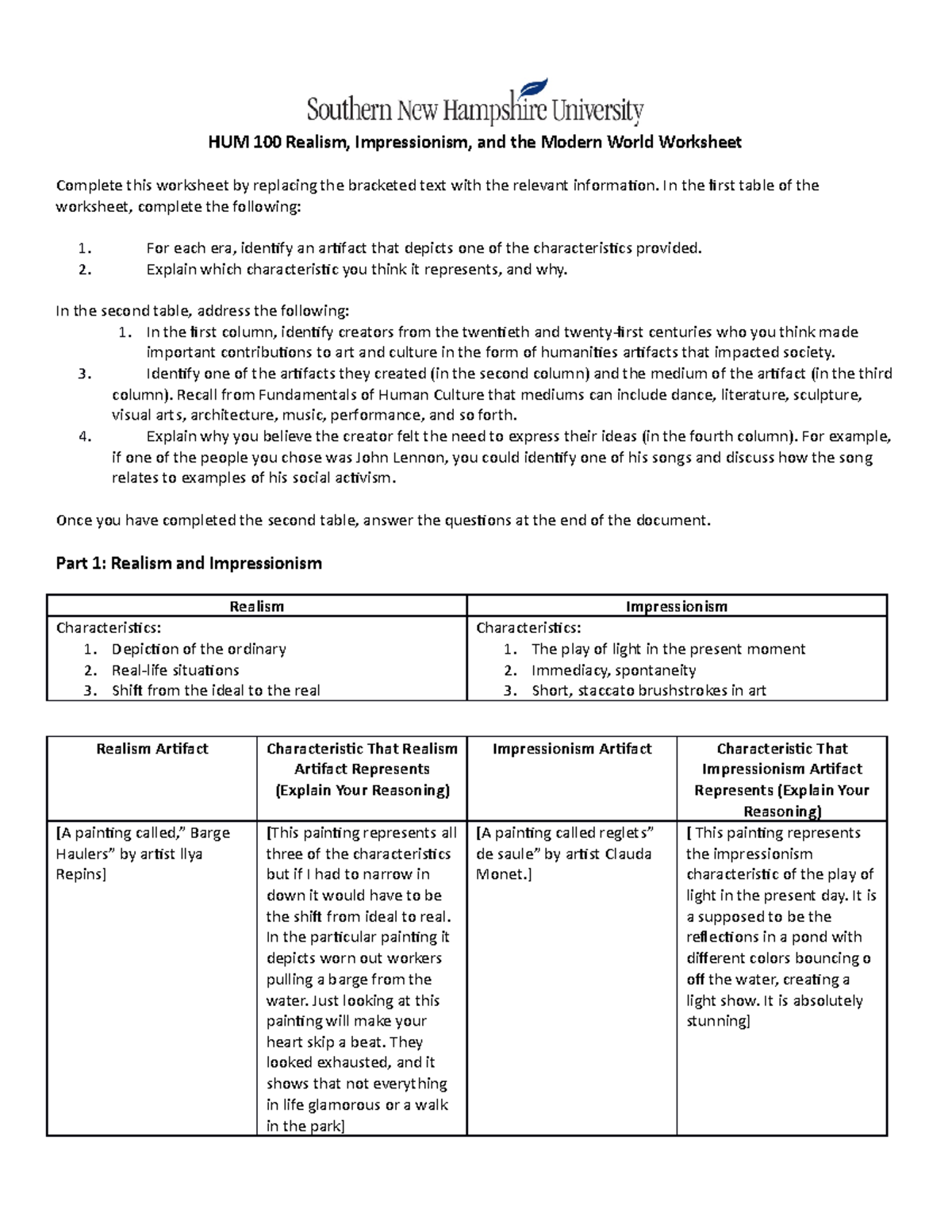 Module 6 Realism, Impressionism and the modern wrong worksheet - HUM ...