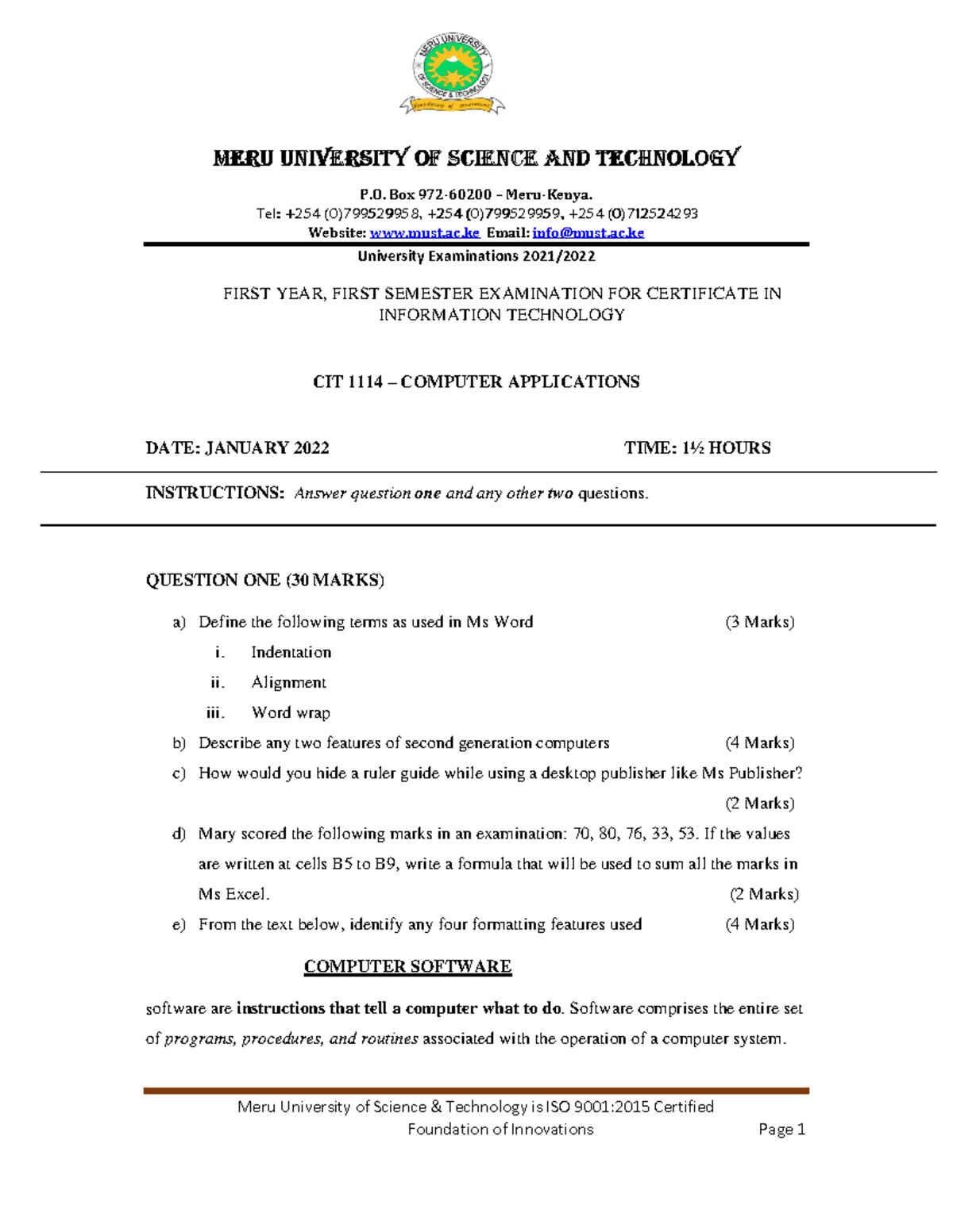 CIT 1114 Computer Applications 1 1 - Meru University of Science & Technology is ISO 9001:2015 ...