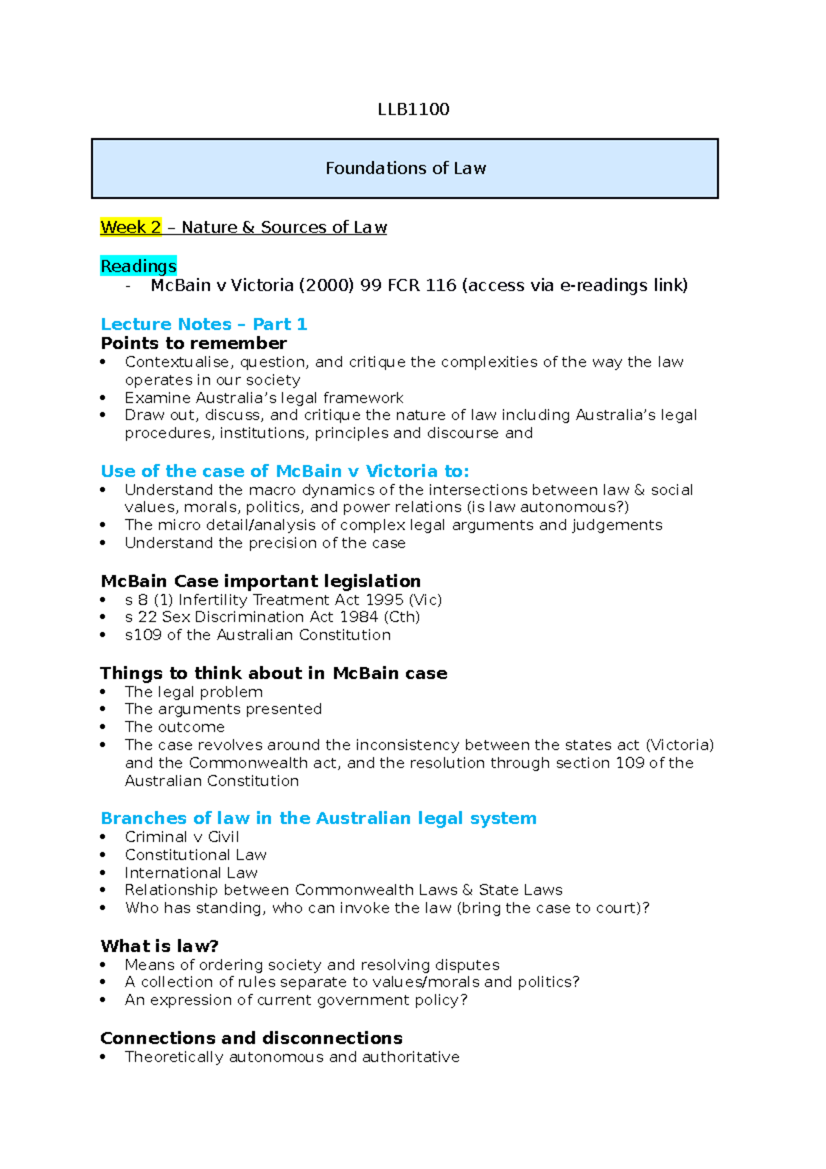 LLB1100 - Week 2 - Week 2 - LLB Foundations of Law Week 2 – Nature ...