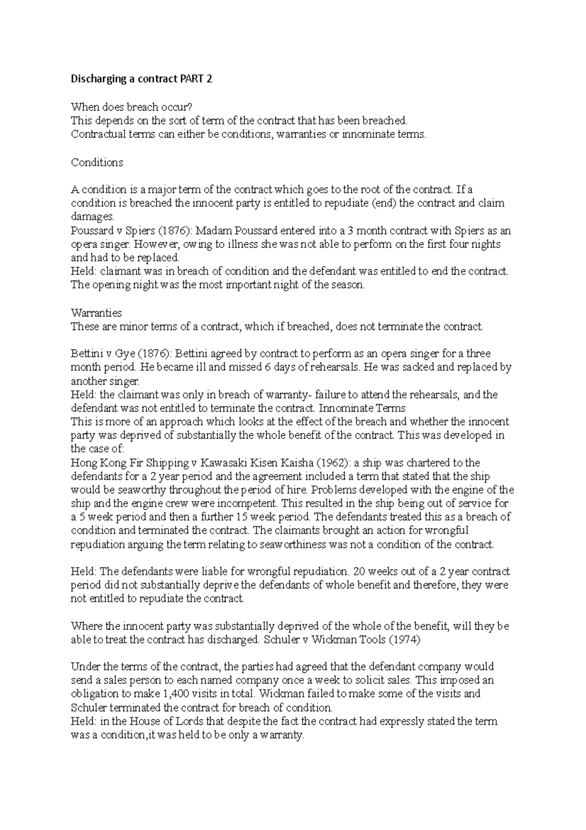 Discharging a contract PART 2 - Contractual terms can either be ...