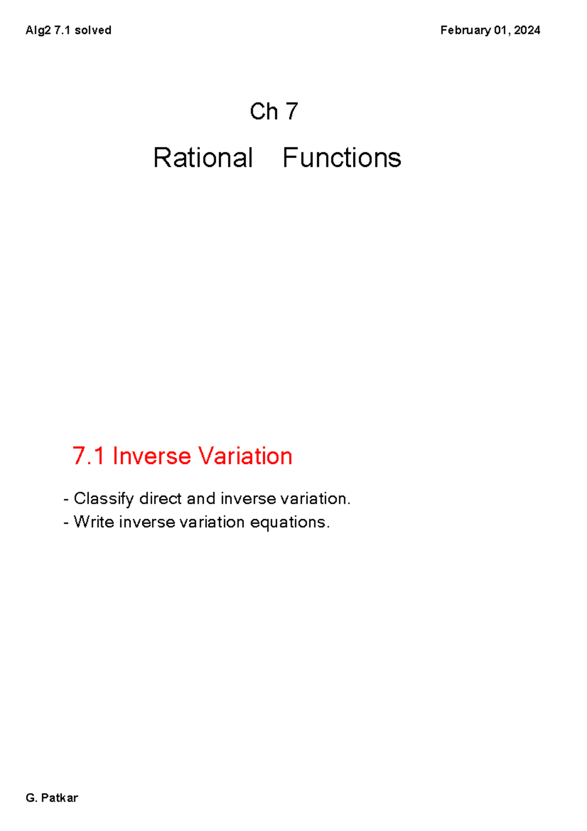 Alg2 7.1 solved - Yui - Ch 7 Rational Functions 2 of 7 Inverse Variation Classify direct and ...