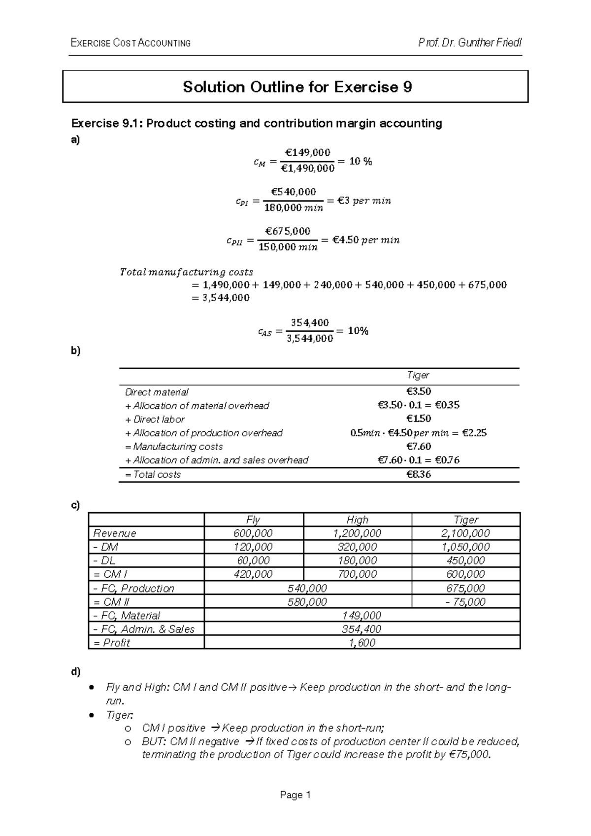 Solution - cost accounting - EXERCISE COST ACCOUNTING Prof. Dr. Gunther ...