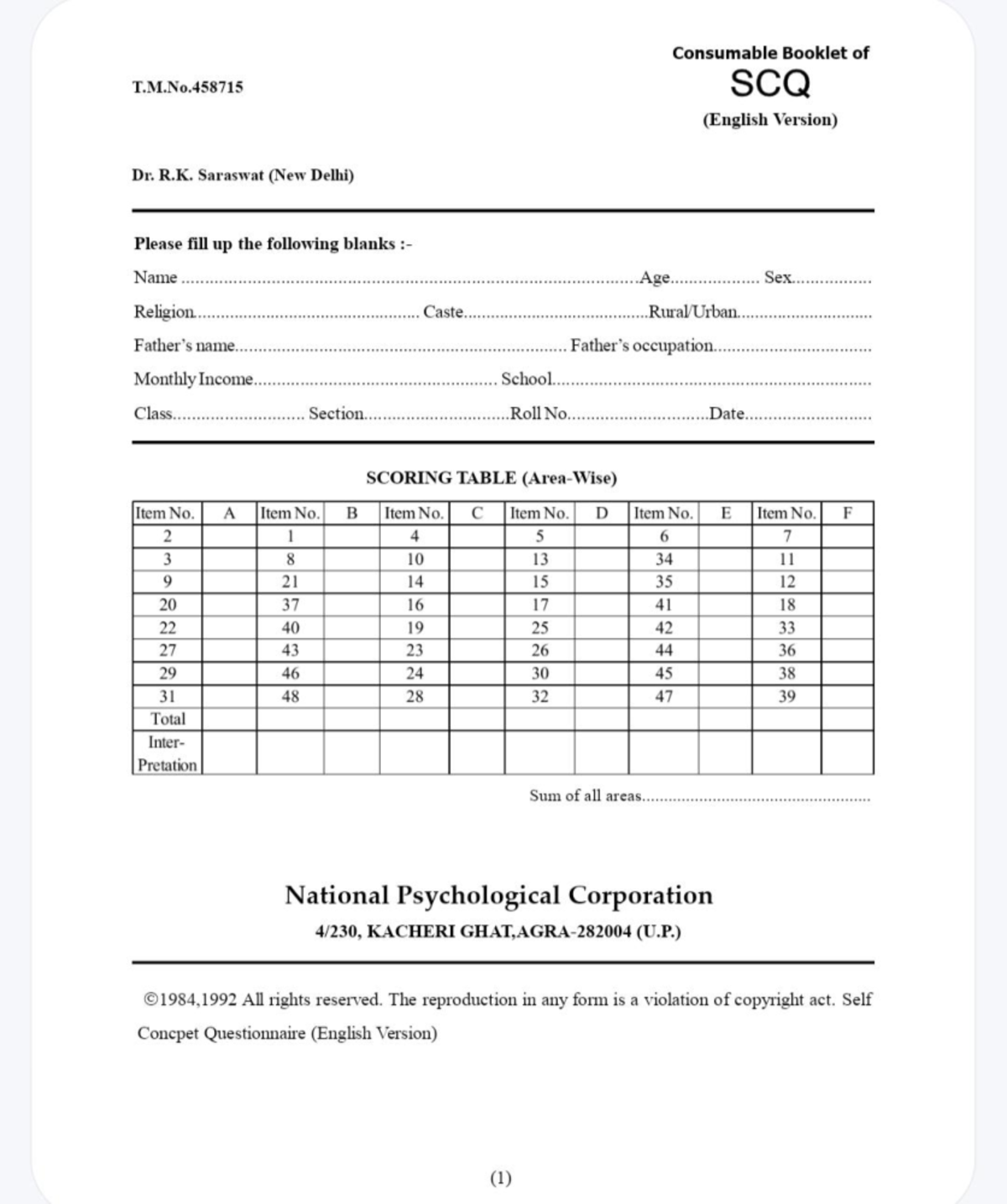 RK saraswar SCQ - Basic Psychological Processes - I - Studocu