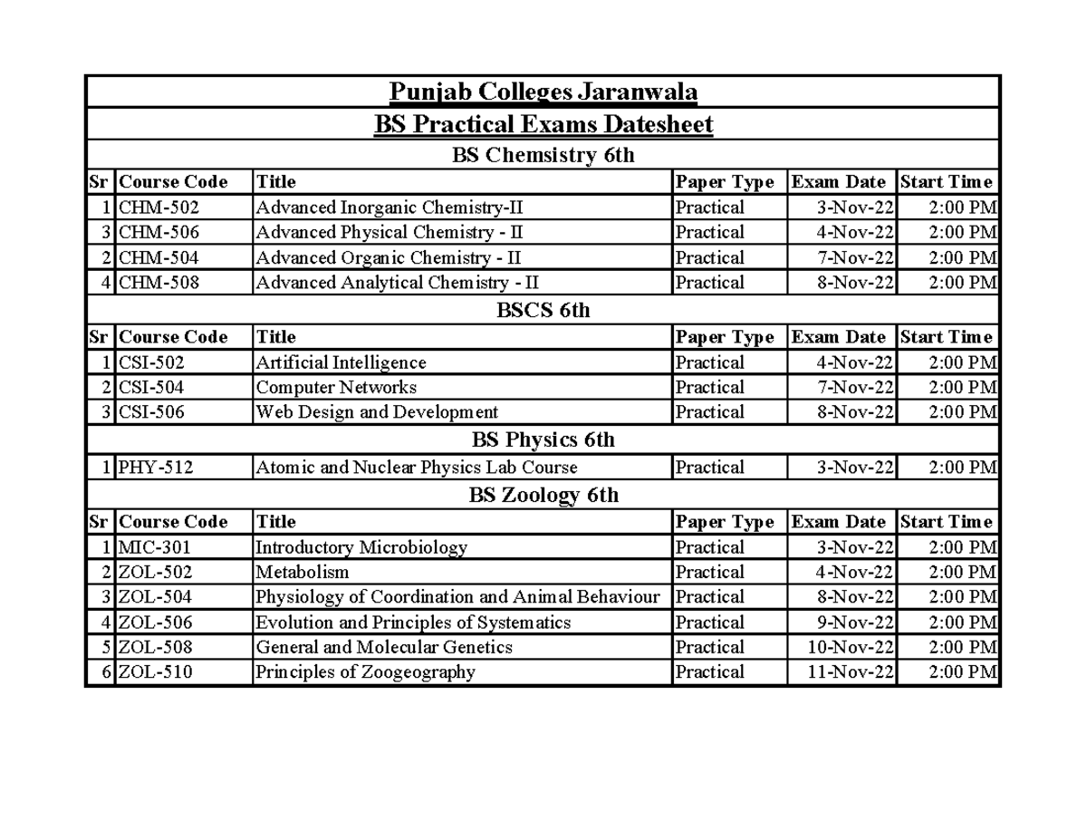 Practical Exams DAtesheet - Studocu