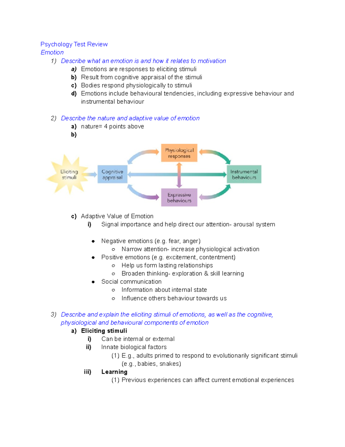 Test 2 Review Psychology - Psychology Test Review Emotion 1) Describe ...