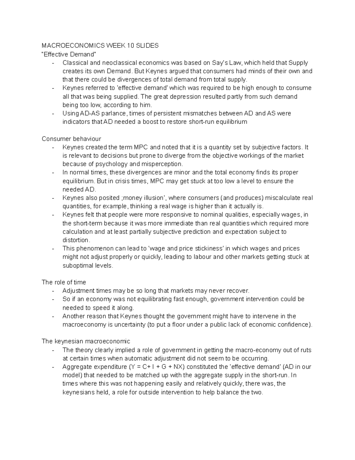 WEEK 10 Slides - Macro Notes Week 10 - MACROECONOMICS WEEK 10 SLIDES