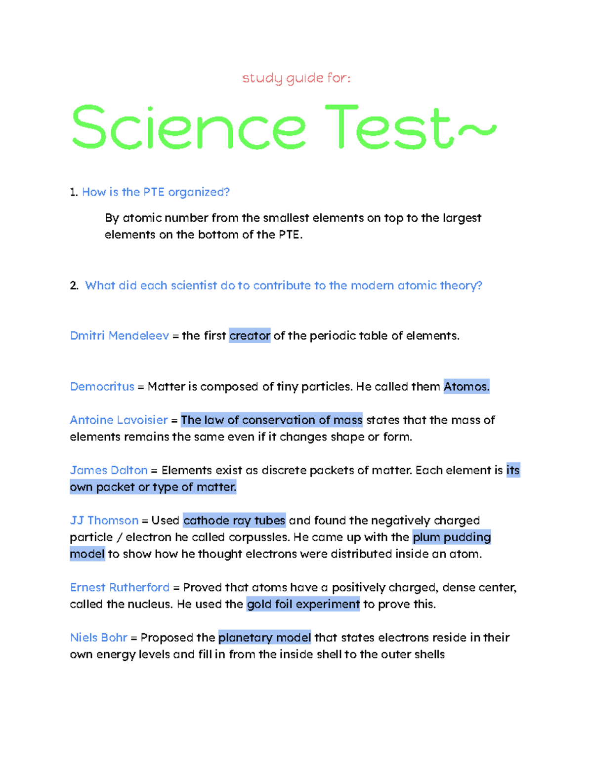 Study Guide for the Science Test - study guide for: Science Test~ How ...