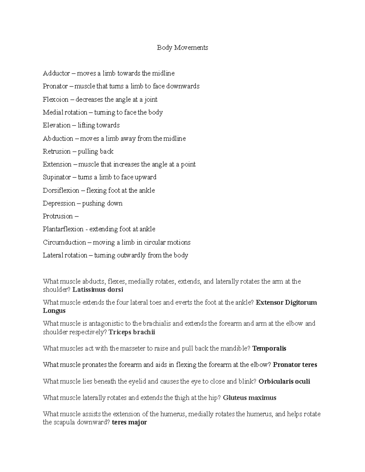 Body Movements - Study materials - BIOL 2401 - Lamar University - Studocu