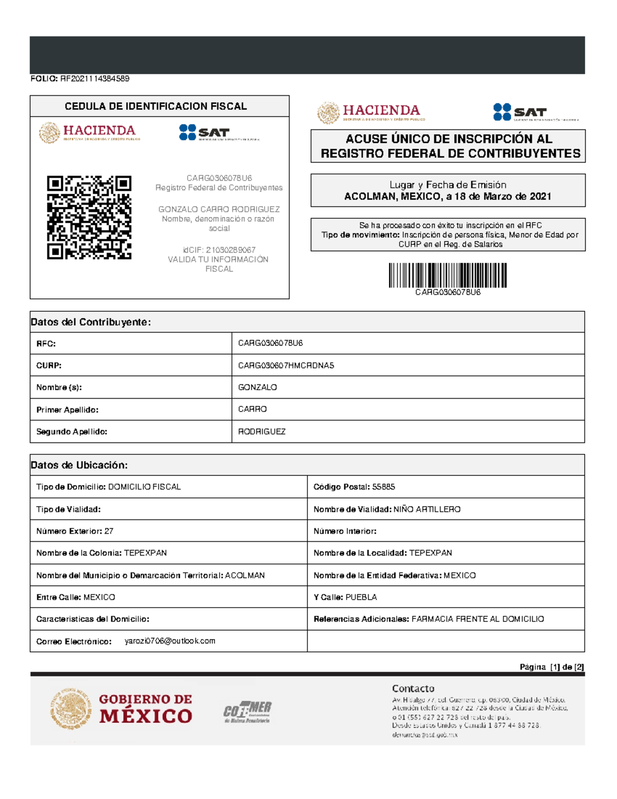 642797822 RFC Editable pdf - FOLIO: RF Página [1] de [2] CEDULA DE IDENTIFICACION FISCAL - Studocu