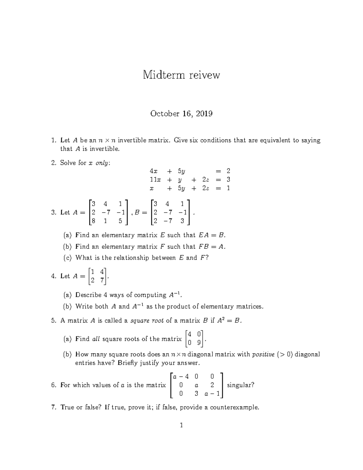 Midterm 20 December 2019, questions - Midterm reivew October 16, 2019 ...